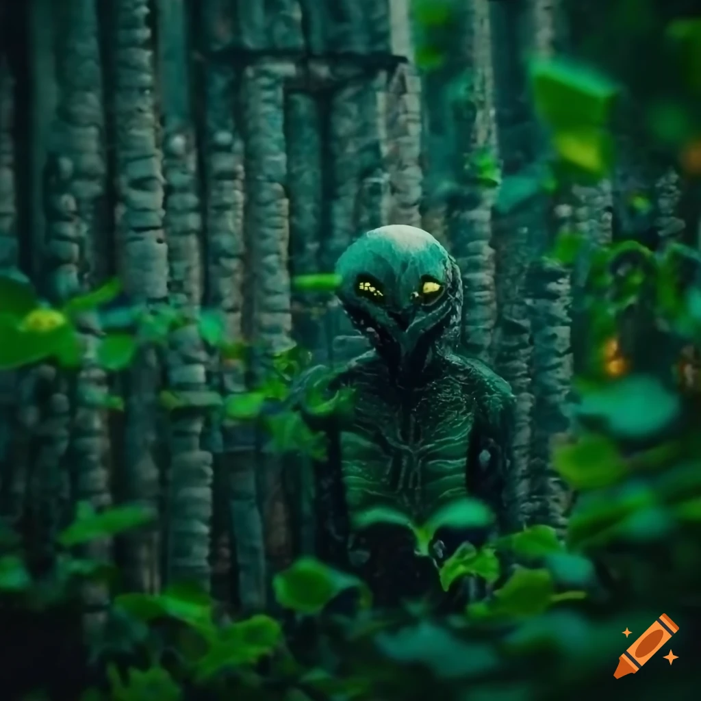 2D game featuring alien in a wet and overgrown environment on Craiyon