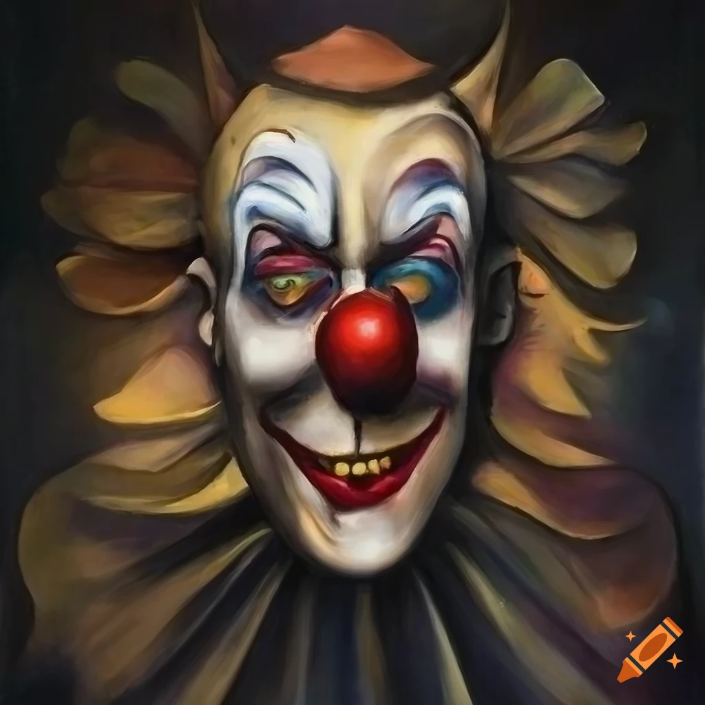 Surrealist painting of dark circus clowns on stage on Craiyon