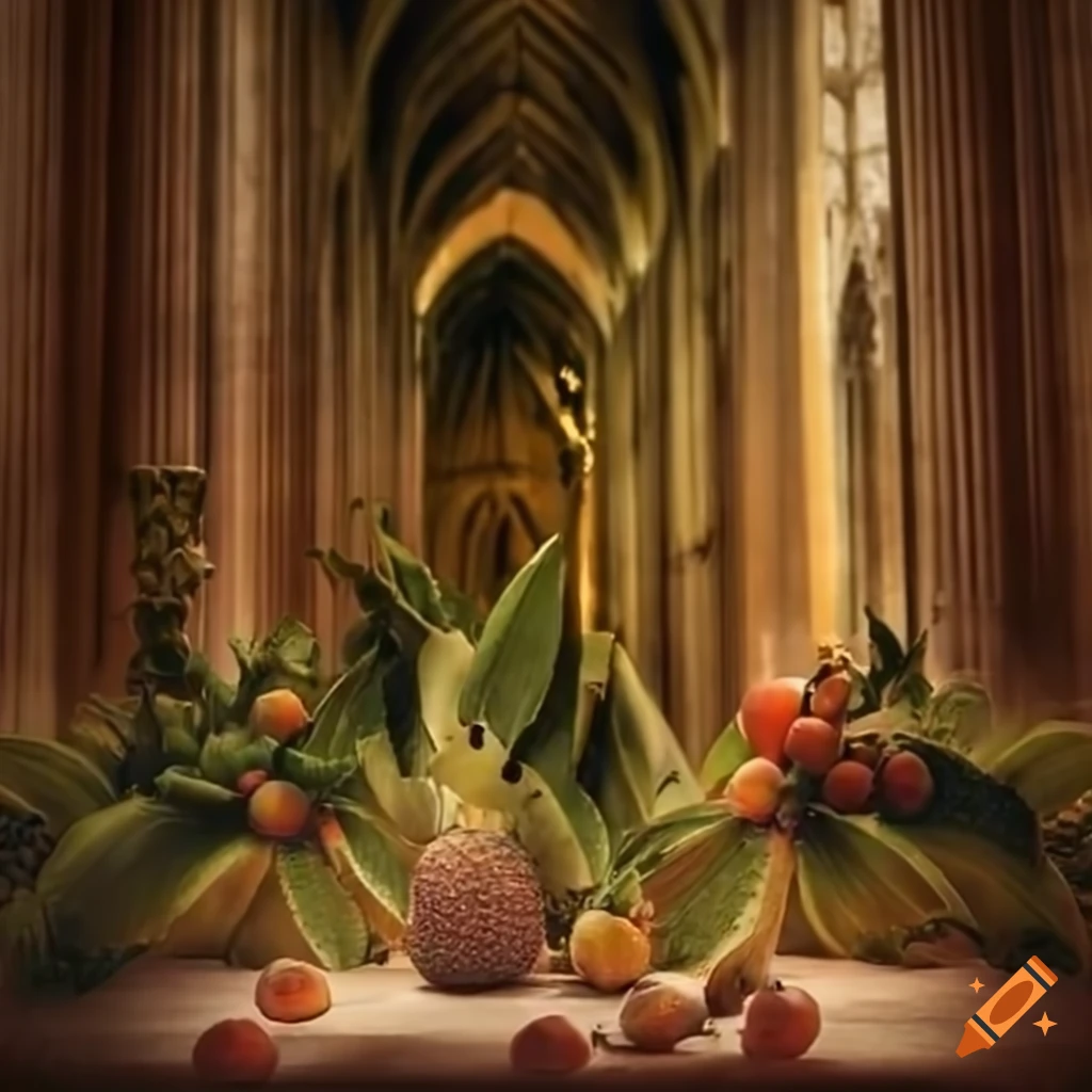 Fruit-bearing trees inside a cathedral