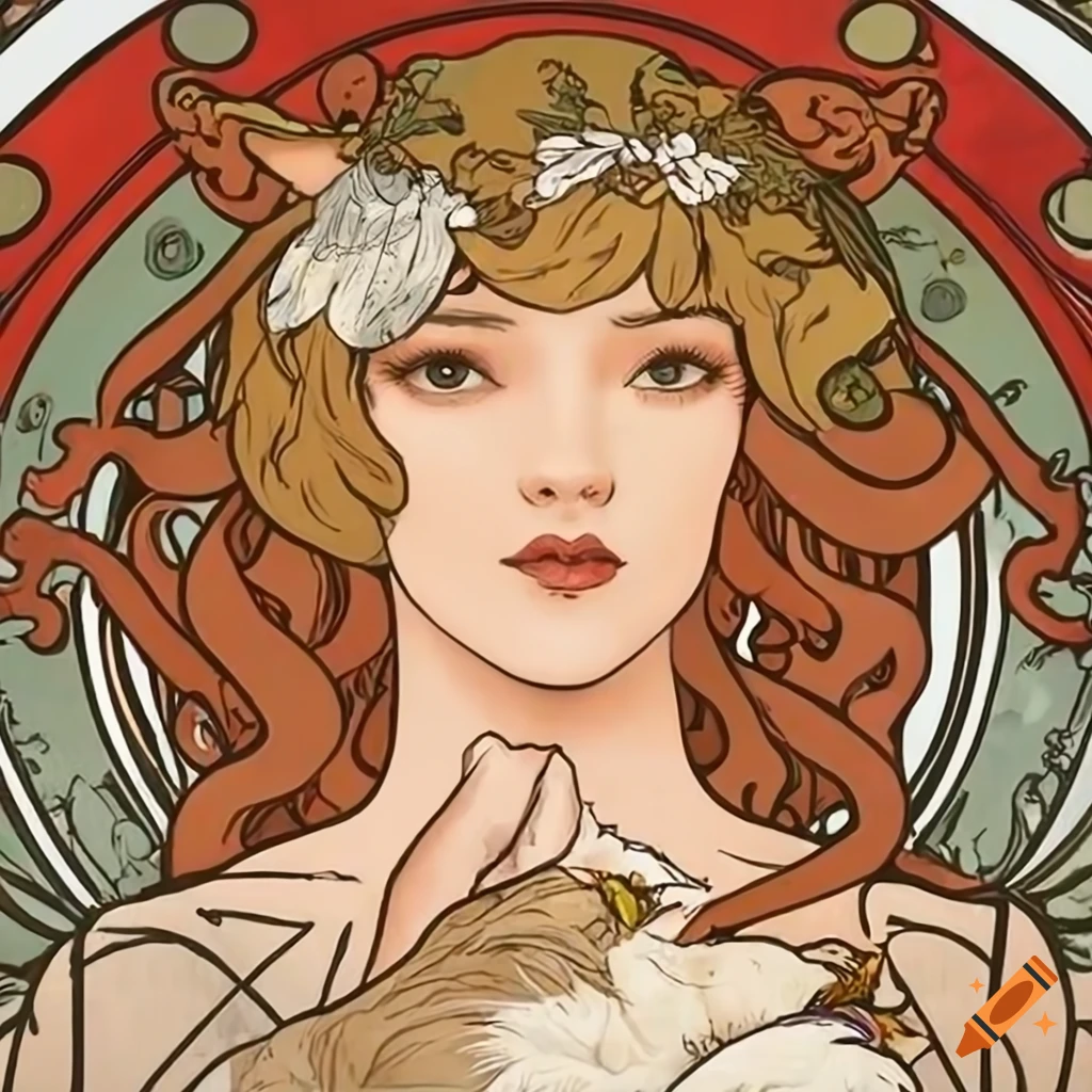 Woman holding a cat in mucha style