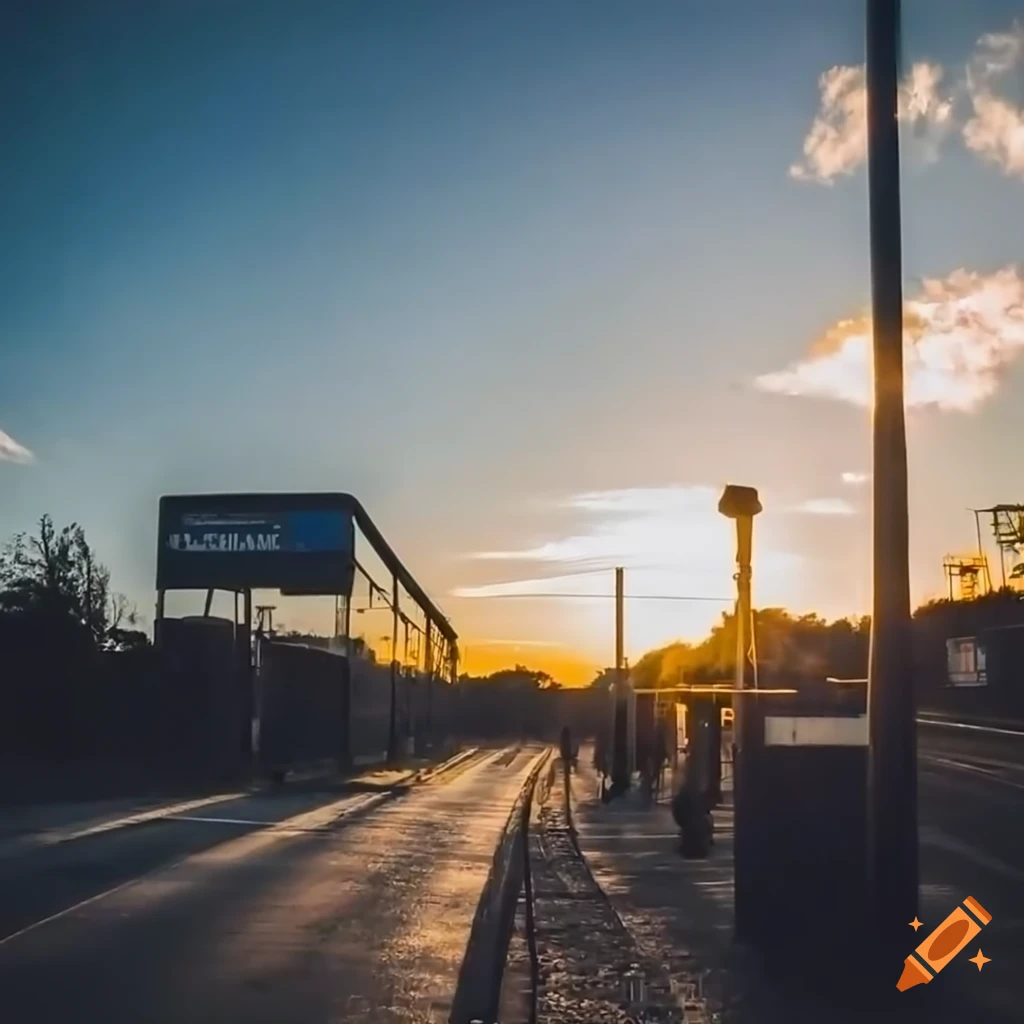 Cinematic view of a bus stop during golden hour