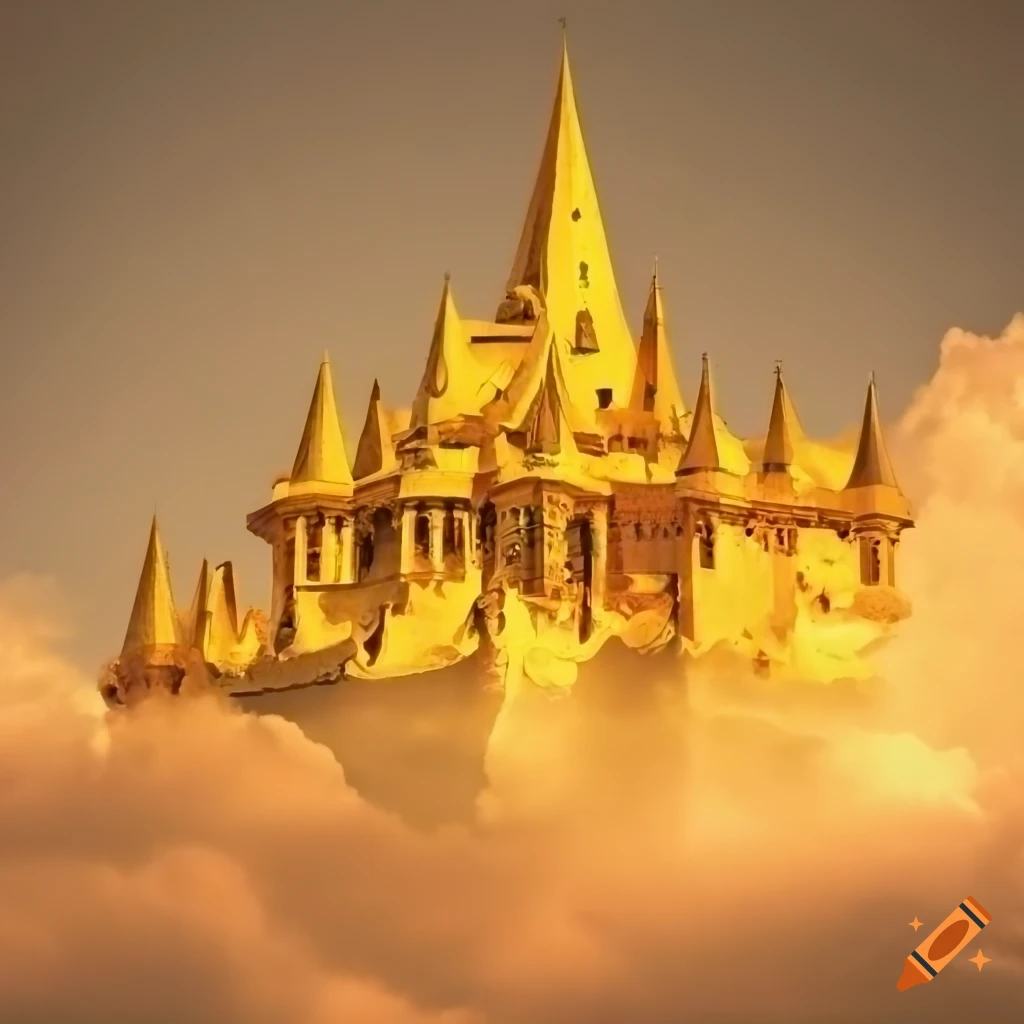 Photo of a yellow-gold castle in the sky with clouds on Craiyon