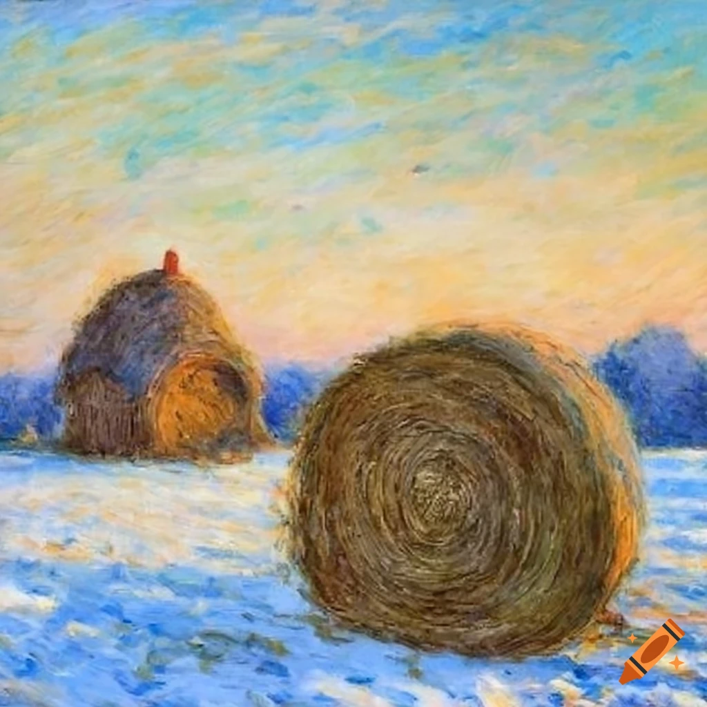 Impressionist painting of two haystacks in snowy field