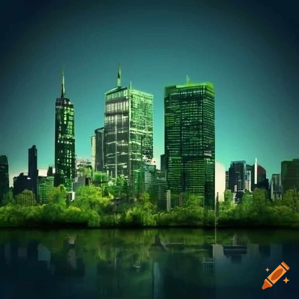 City skyline with green plants on buildings