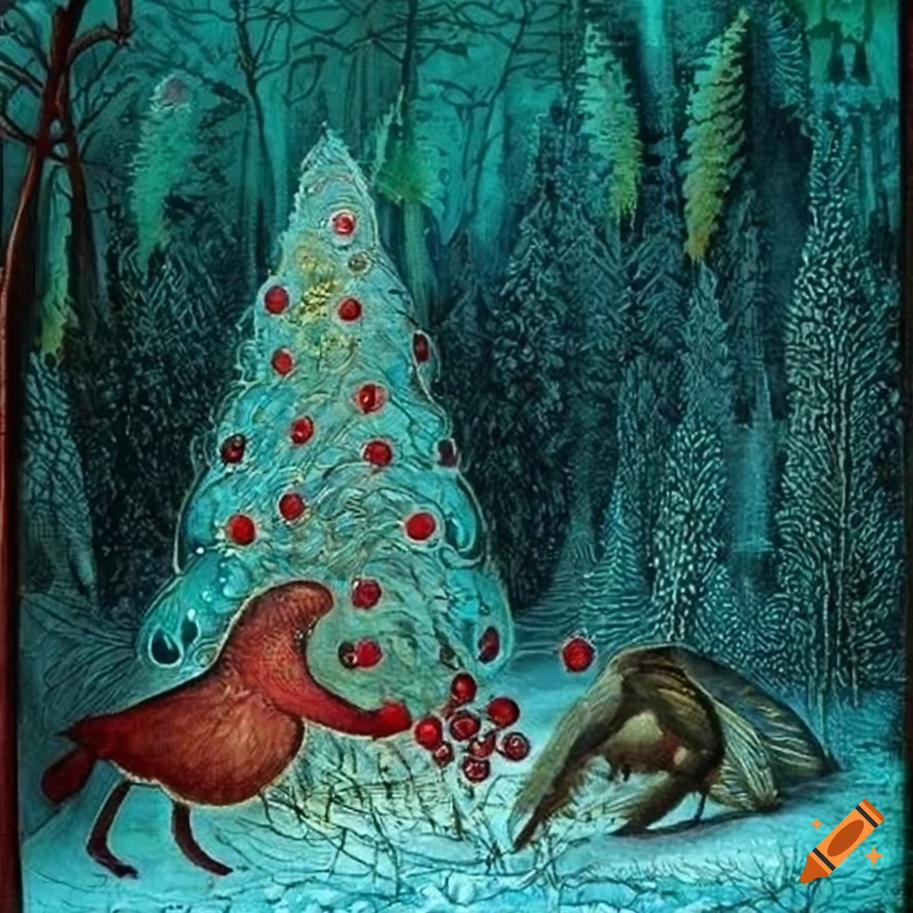 Intricate feather painting of a Christmas tree in a fairytale forest on ...