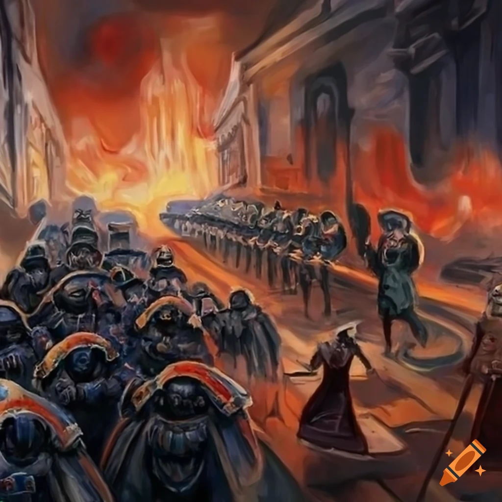 Painting of an epic battle in warhammer 40000