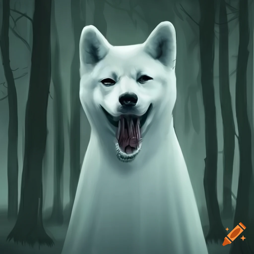 Mystical white dog in a creepy forest