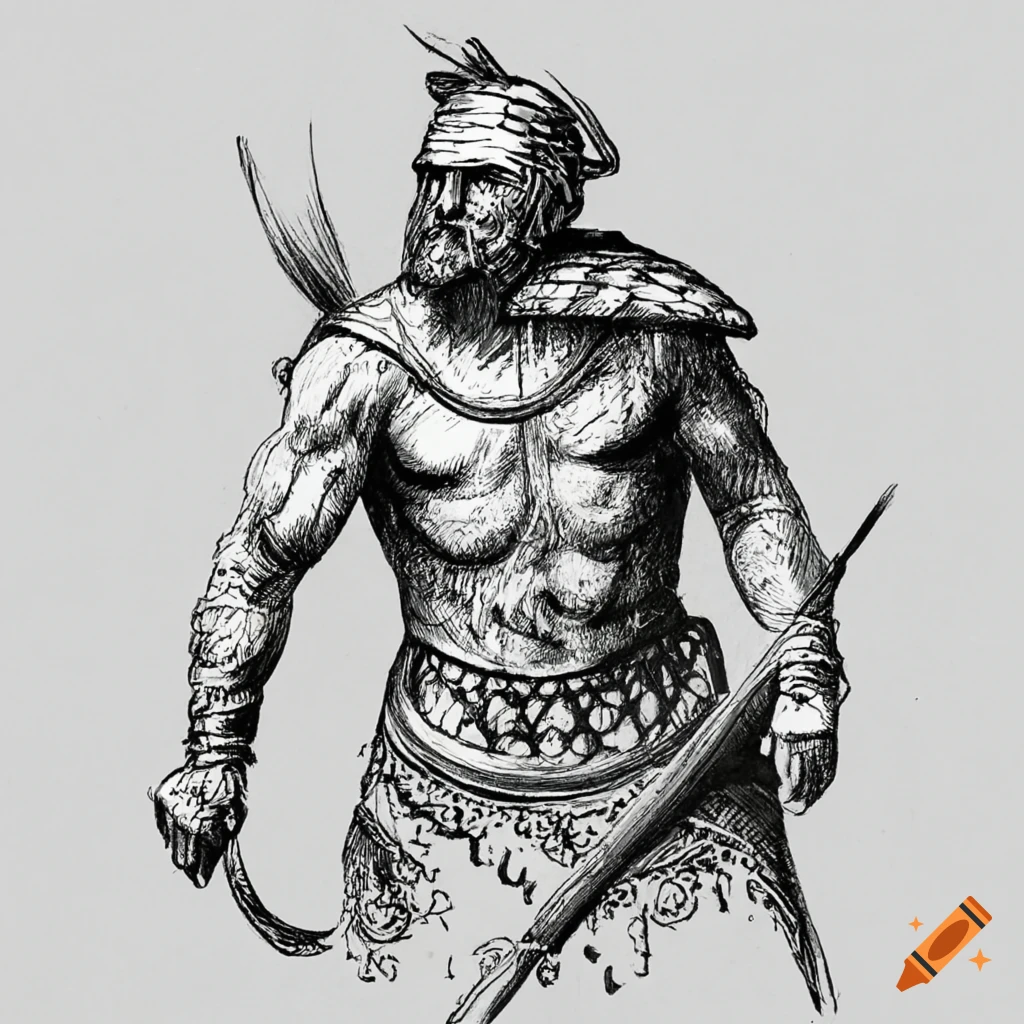 Sketch of a fierce warrior general with a pike