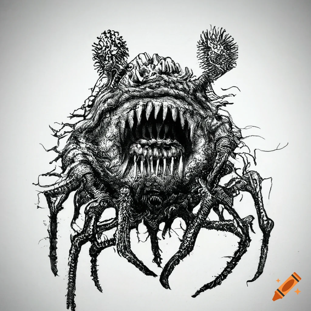 Etched illustration of spider-sponge hybrid monster