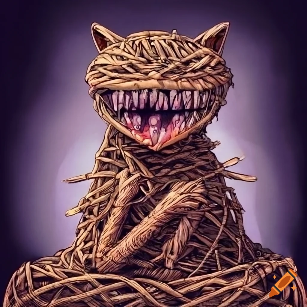 Detailed etching of a wicker cat monster