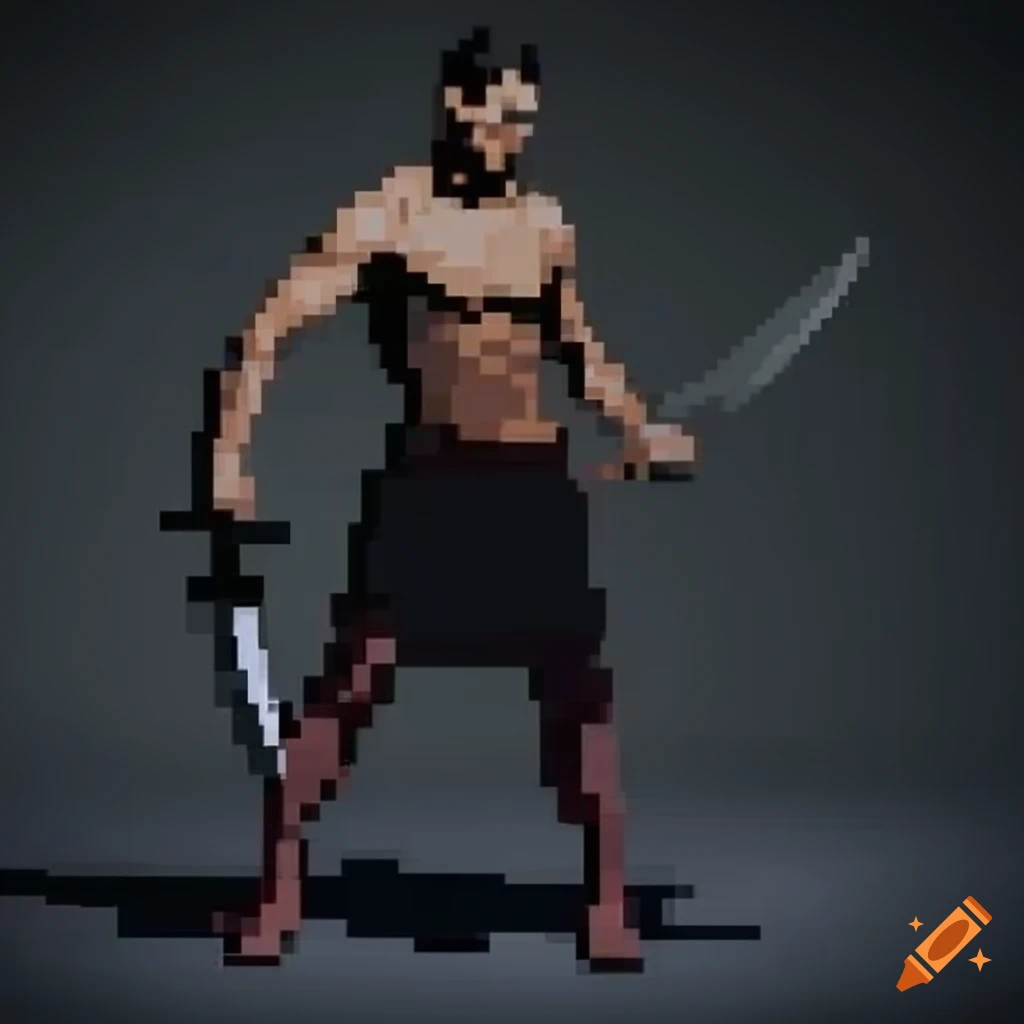Pixel art of a fit man attacking with a sword