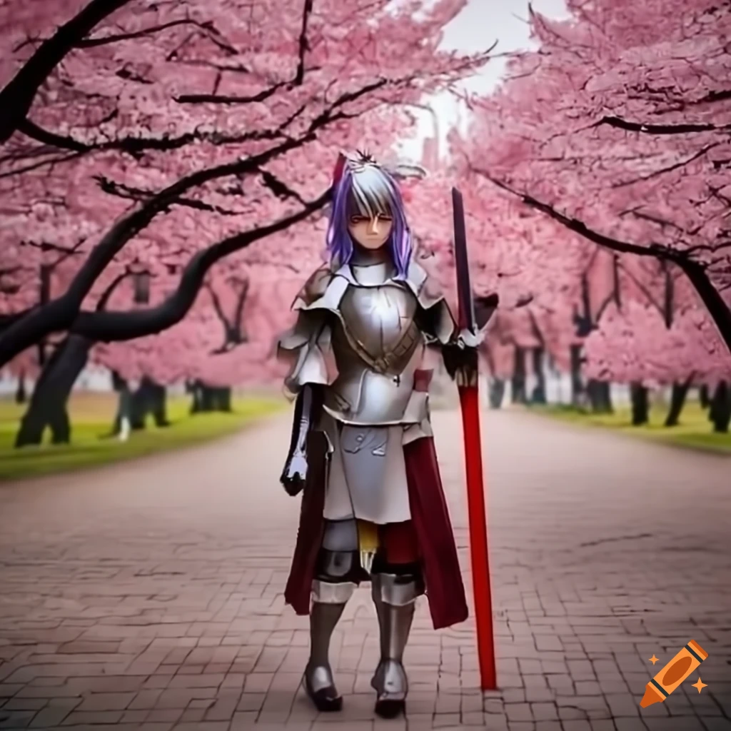 Anime girl in armor with sakura trees in the background