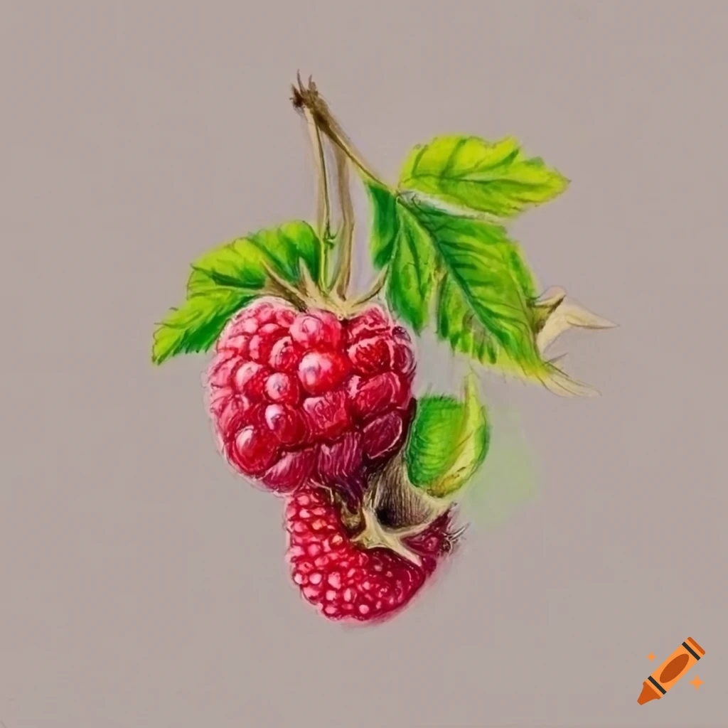 Colored pencil drawing of black raspberries on a branch