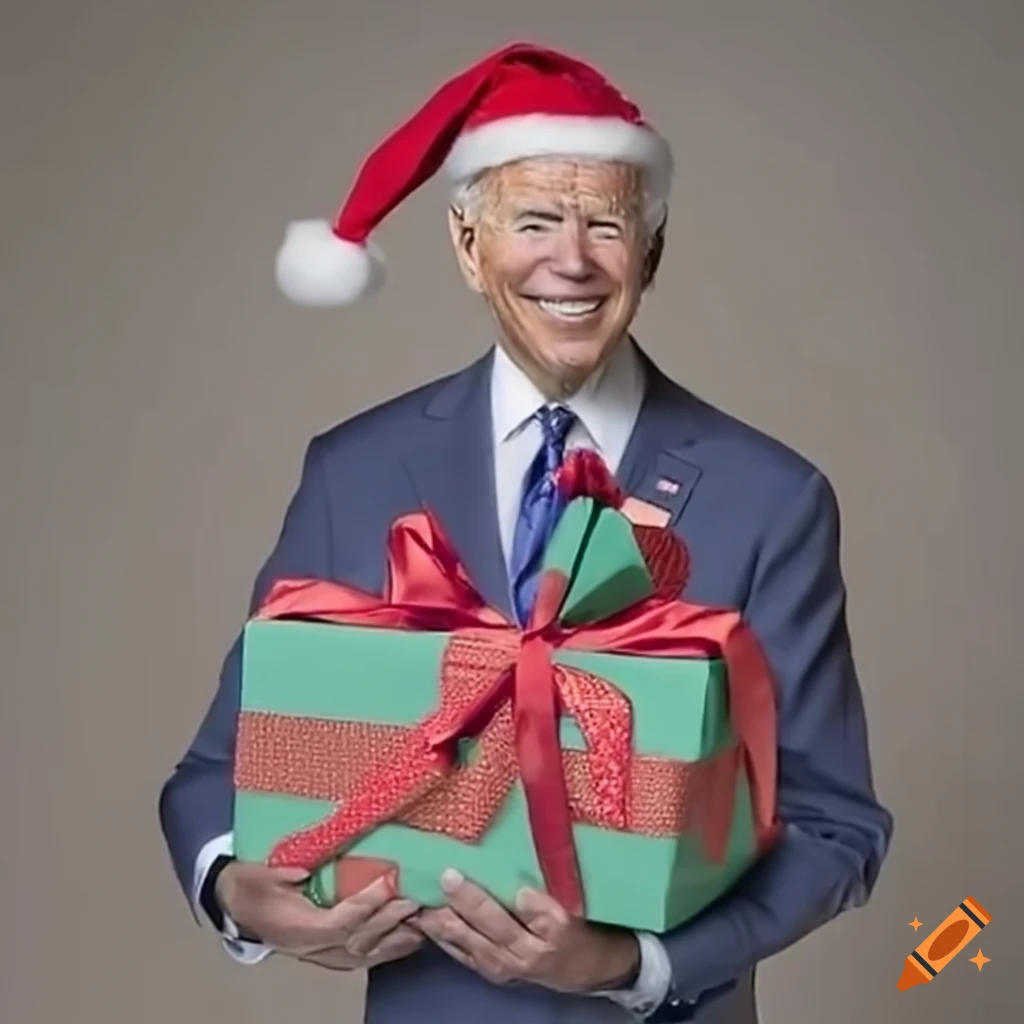 Joe biden wearing santa hat and holding a gift