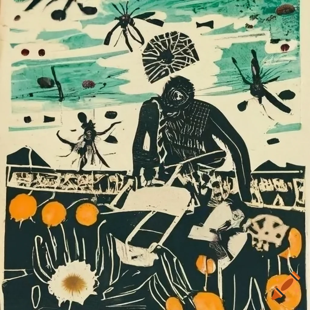 Surreal lino cut collage of men surrounded by insects