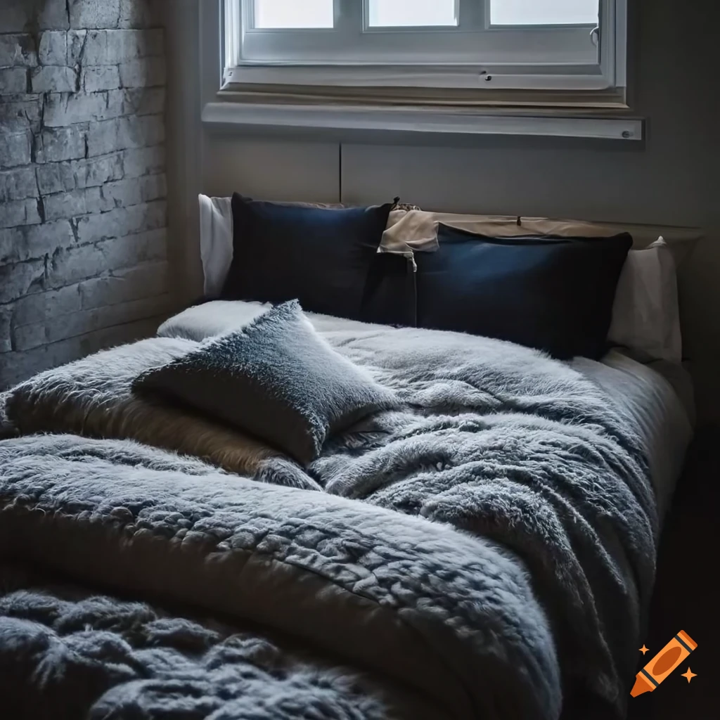 Cozy bed with fluffy pillows in dramatic lighting