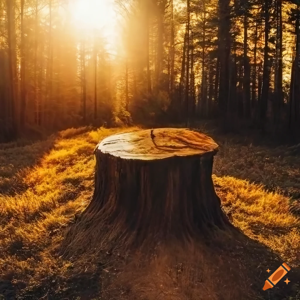 Sunset view of a big tree stump in a pine forest