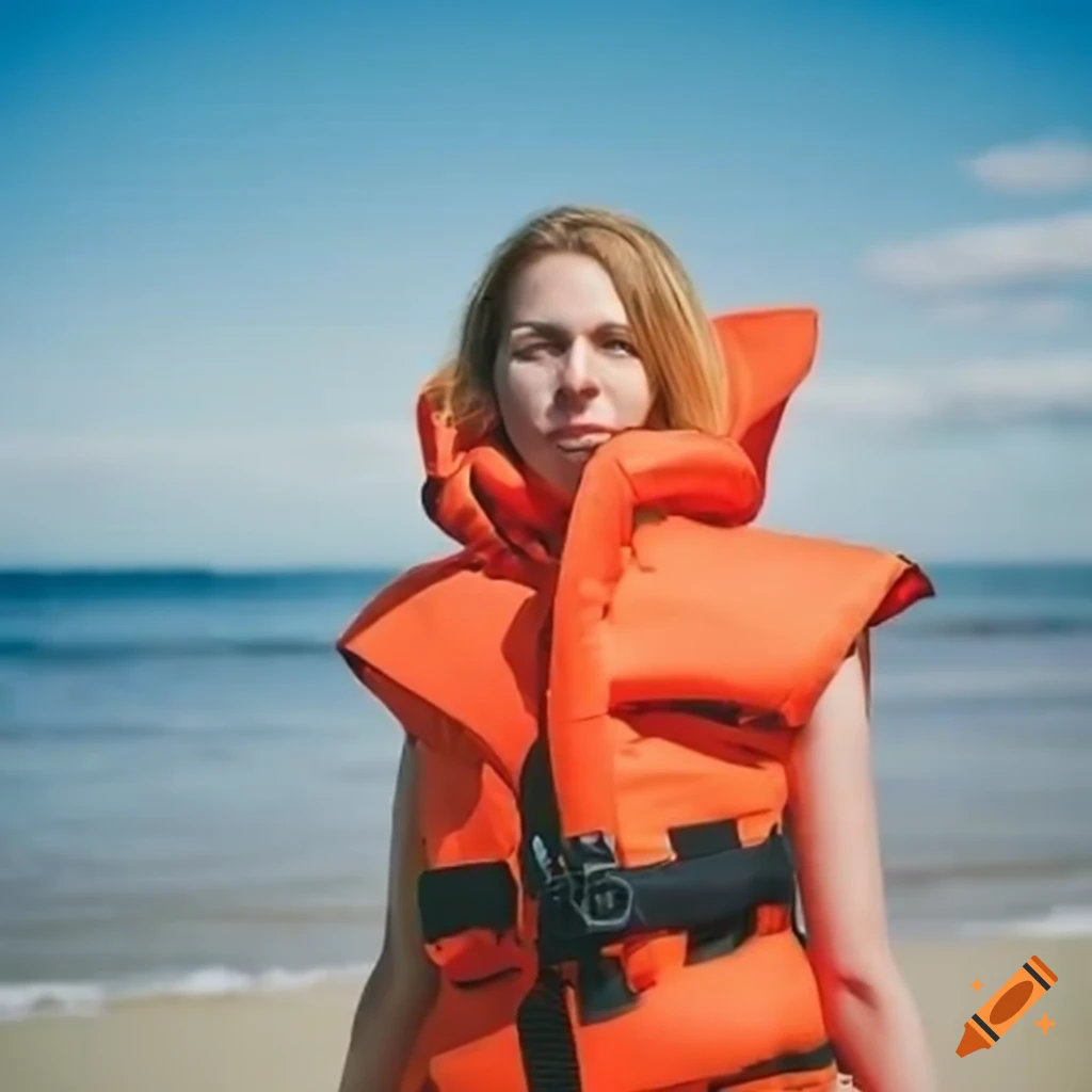 Stylish woman at the beach with a lifejacket on Craiyon