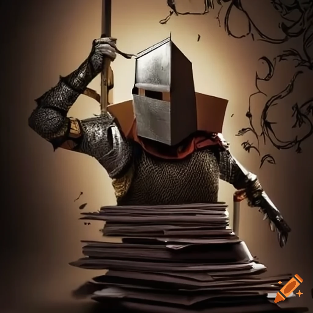 Nerdy knight battling stacks of paper documents