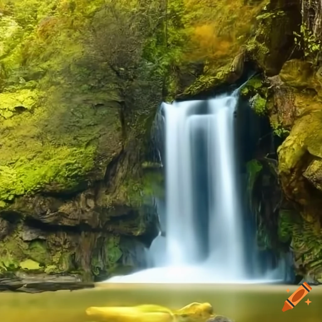 Scenic view of a waterfall with food in the foreground on Craiyon