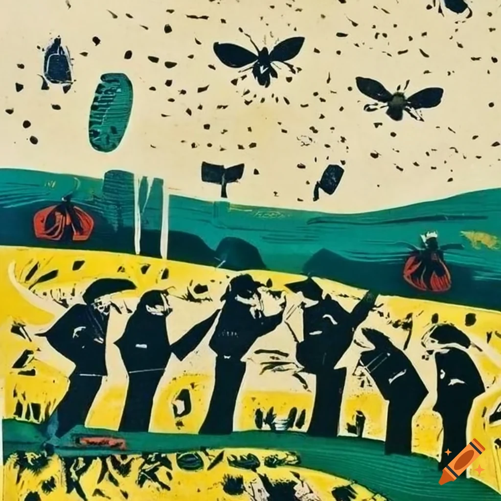 Surreal lino cut collage of men surrounded by insects