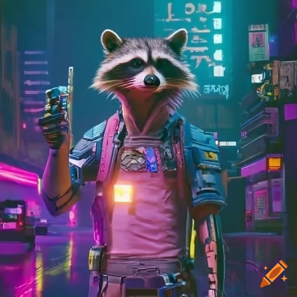 Cyberpunk style raccoon illustration on Craiyon