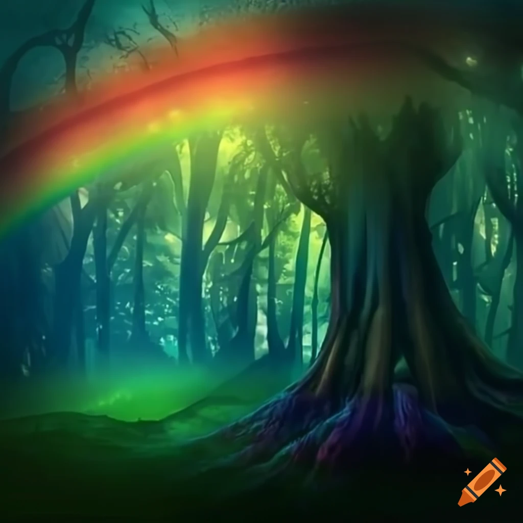 Image of a mythical forest with rainbows on Craiyon