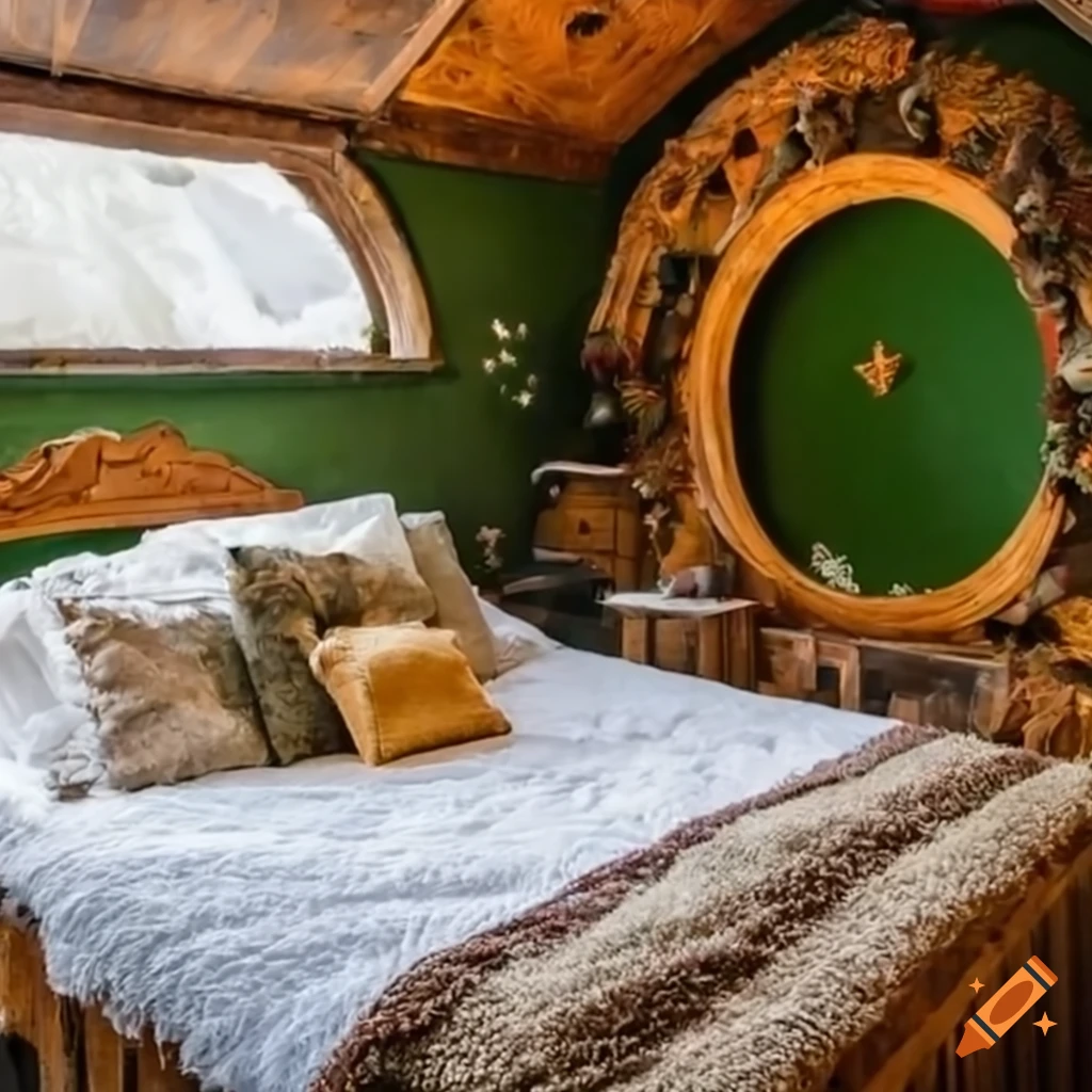 Cozy hobbit bedroom with snow decorations on Craiyon