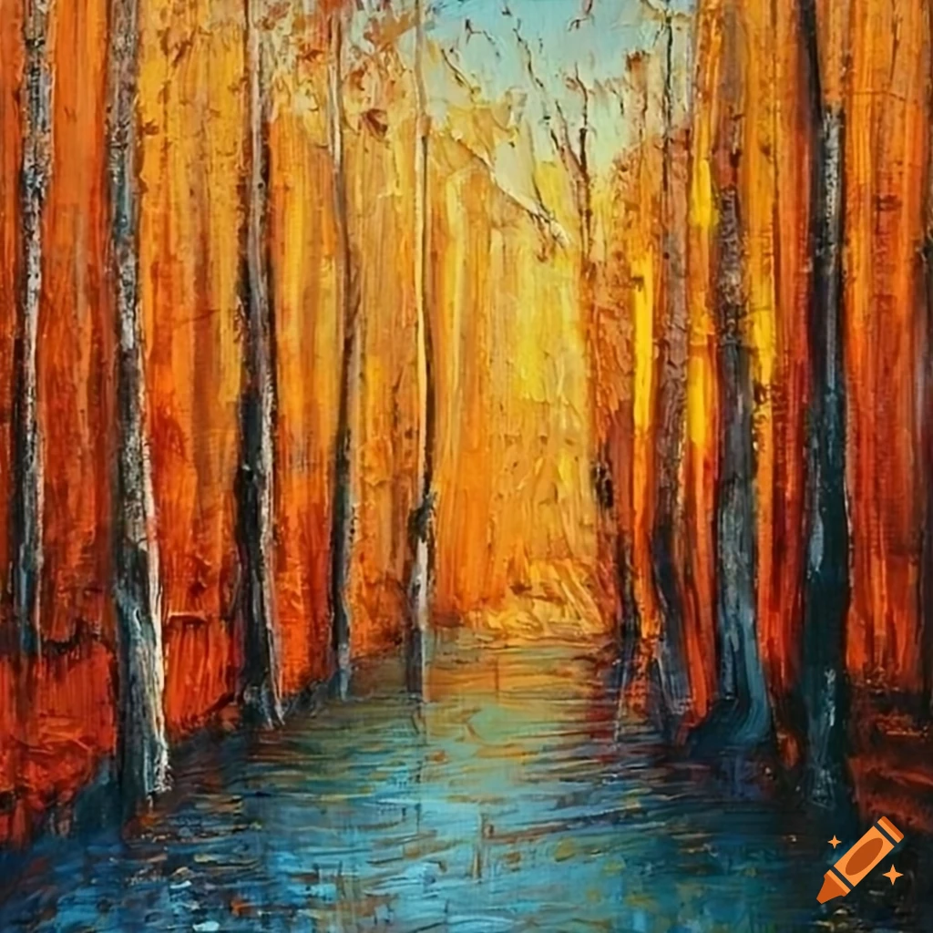 Textured acrylic landscape of autumn trees