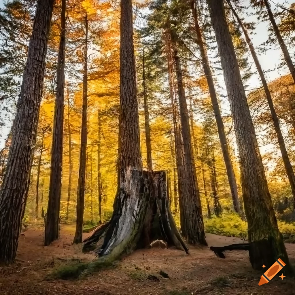 Sunset view of a distant big tree stump in a pine forest on Craiyon