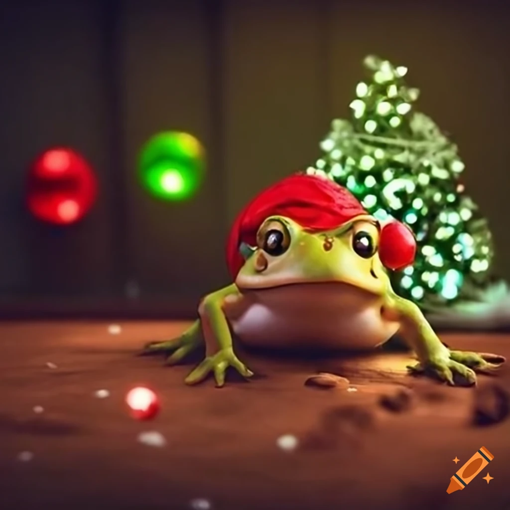 Funny picture of a toad decorating a christmas tree