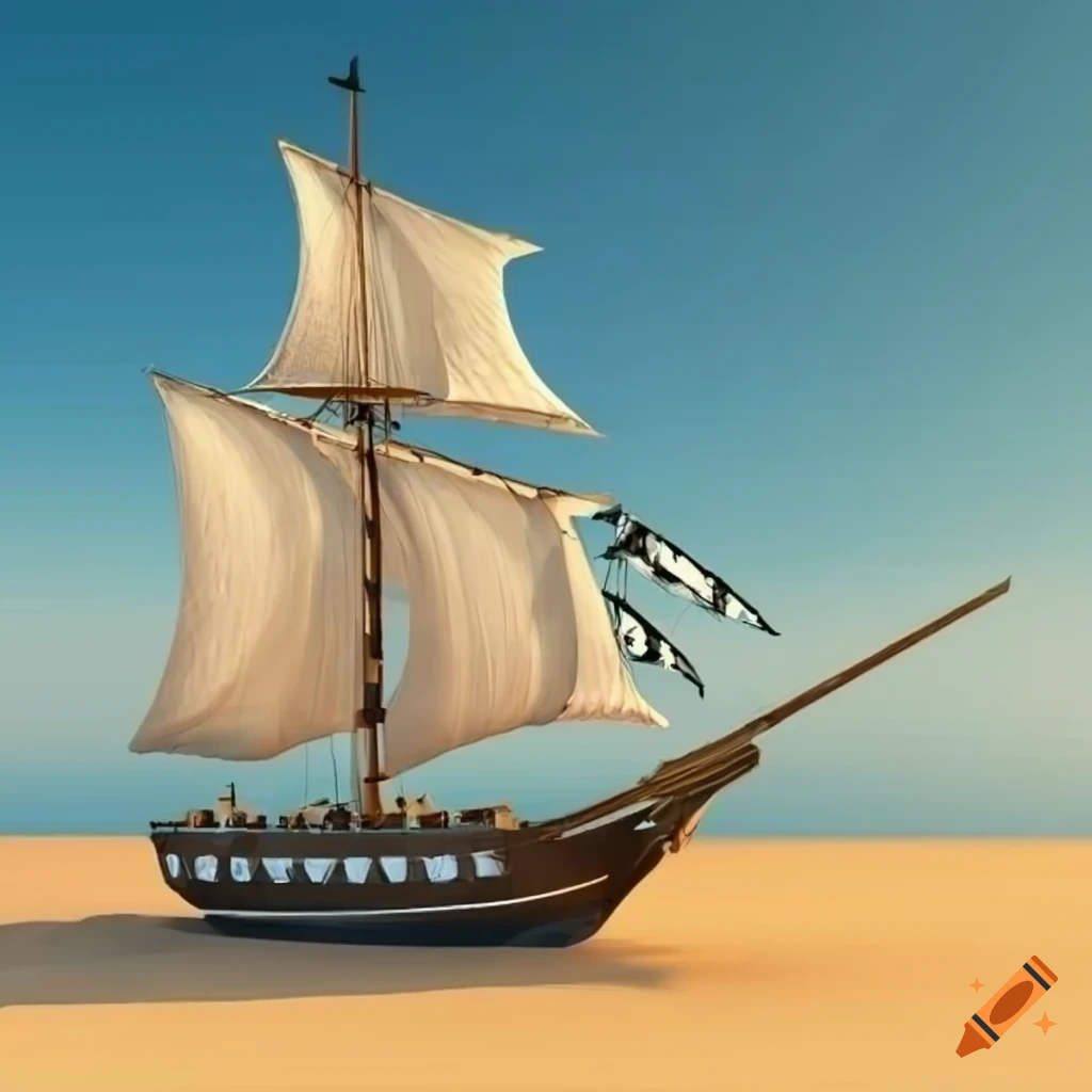 3d rendering of a white sail pirate ship on a sunny beach