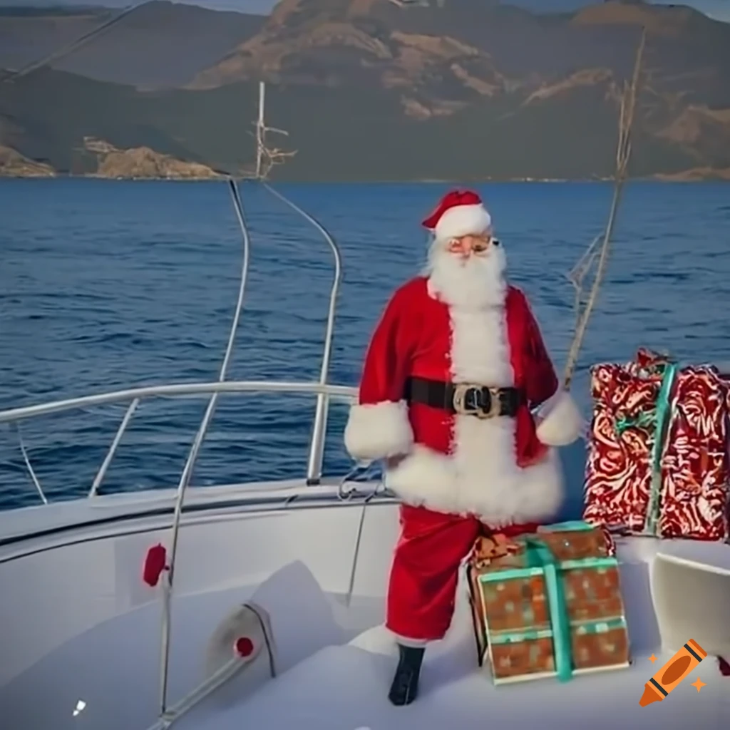 Santa claus with presents on a yacht