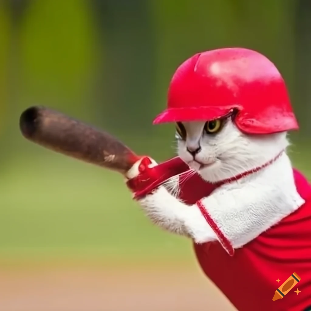 Cat in baseball uniform swinging a bat