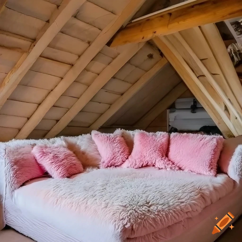 Cozy attic room with fluffy pink teddy blankets on a corner couch on ...
