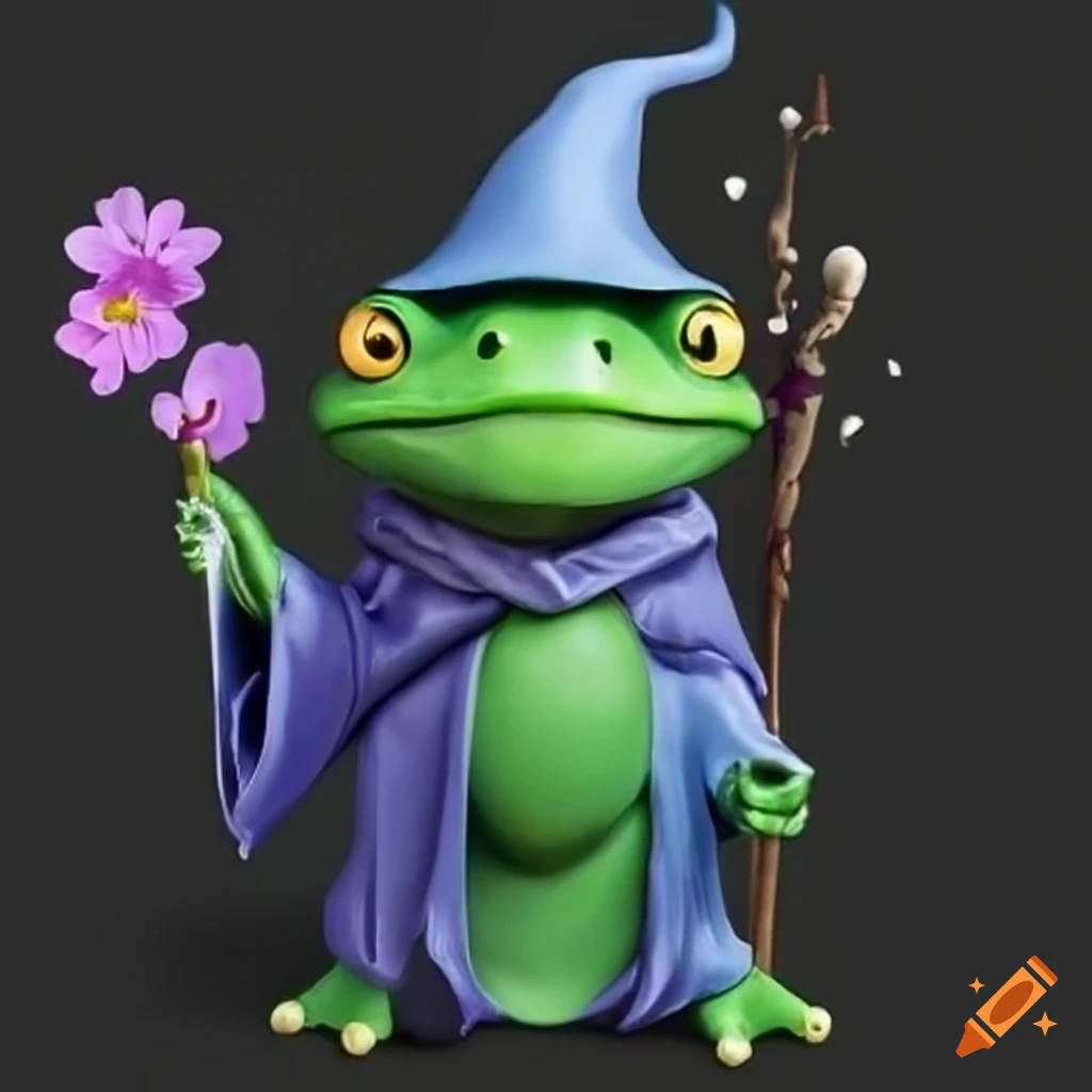 Illustration of a humanoid frog wizard with a flower wand on Craiyon