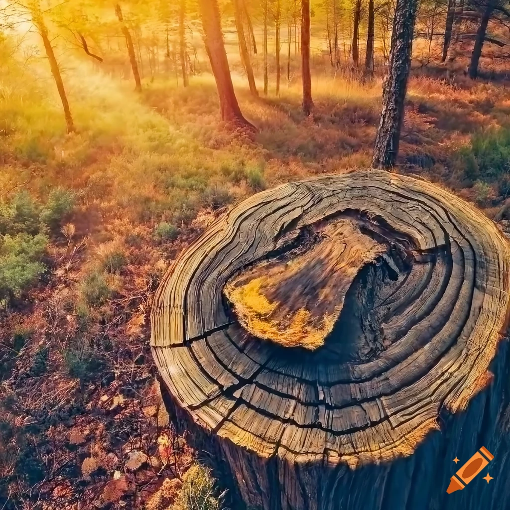 Sunset over a pine forest with a big tree stump