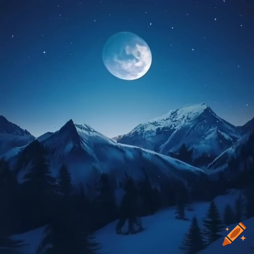Moonlit mountain landscape with snowy peaks and forest