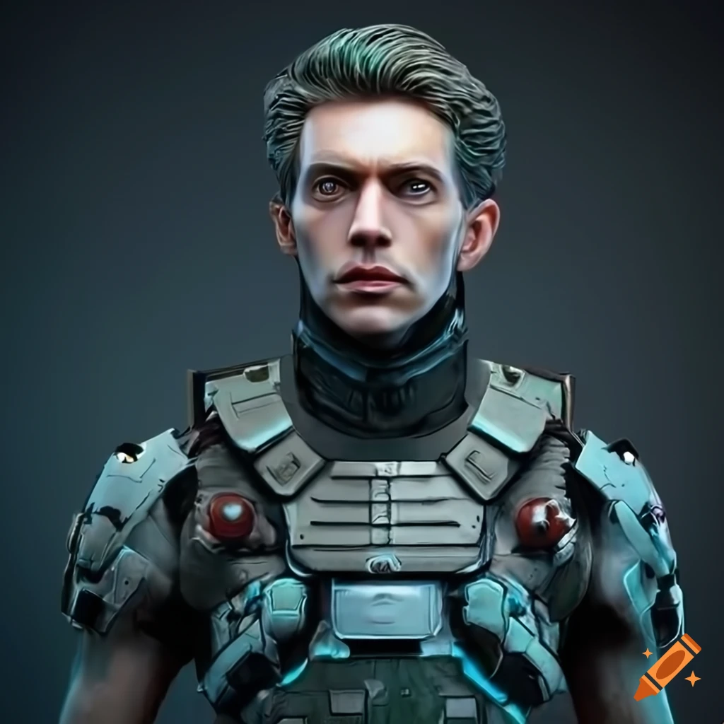 Sculpted portrait of a male soldier in futuristic military dress uniform on Craiyon