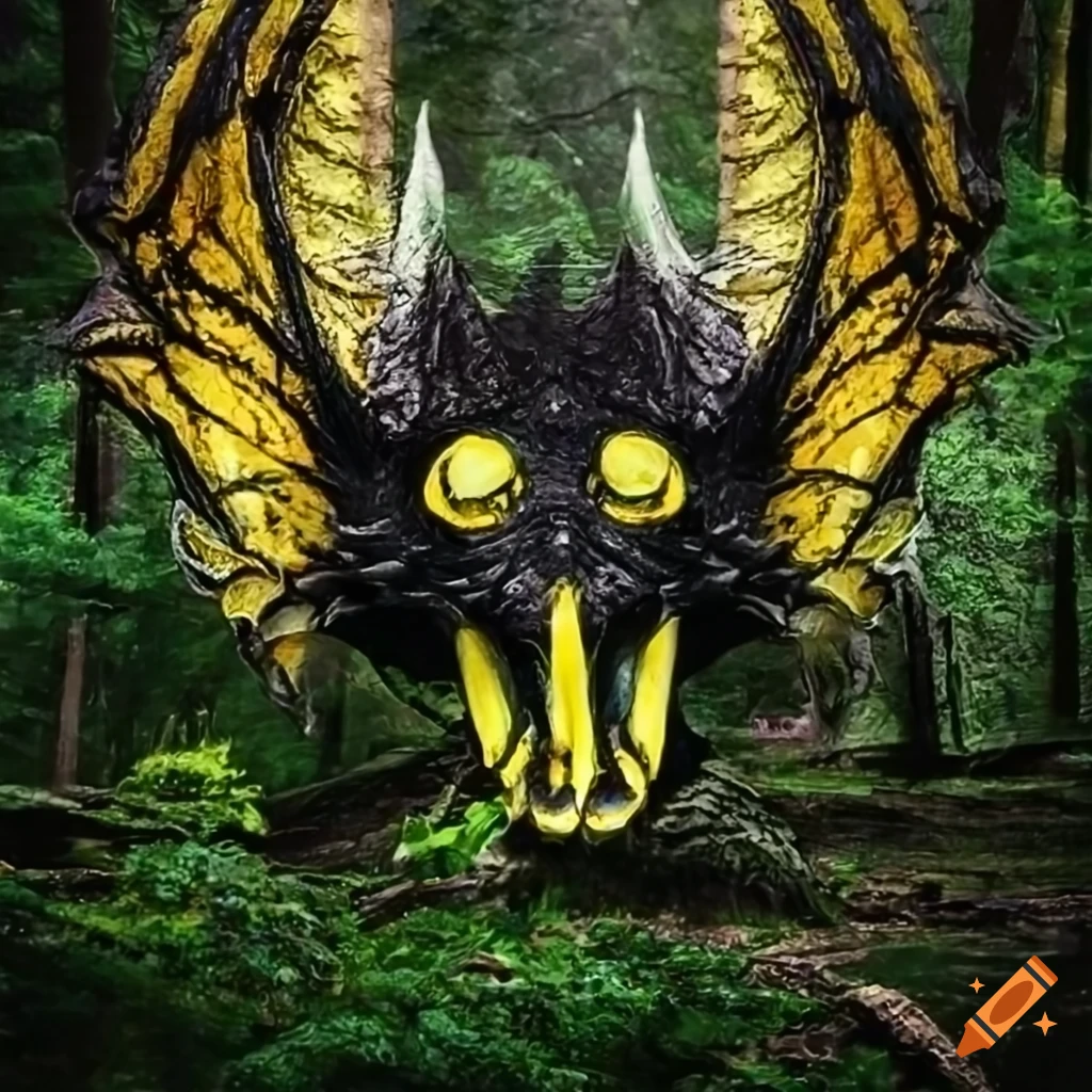 Mystical yellow and black dragon in a forest