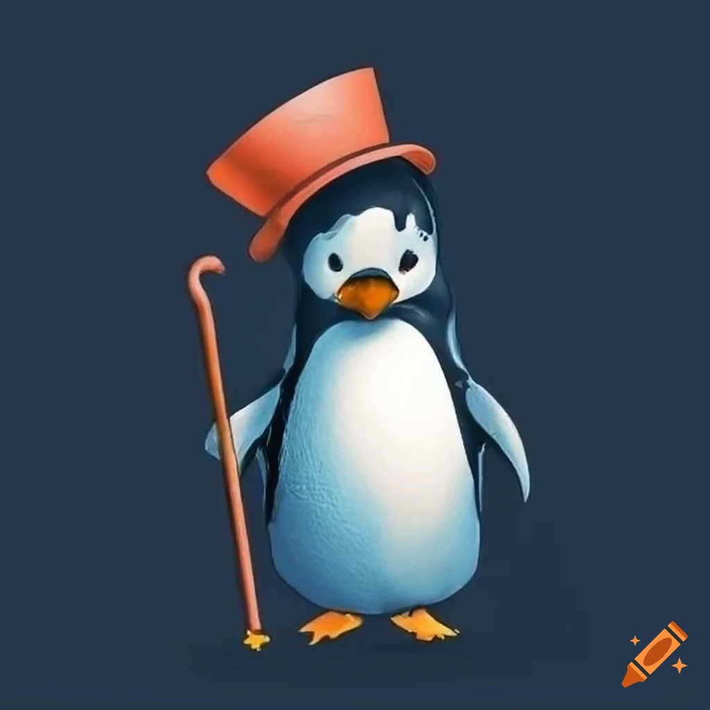Penguin wearing a topper and holding a cane
