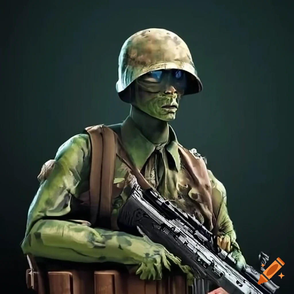 Image of a disguised humanoid soldier with wwii rifle