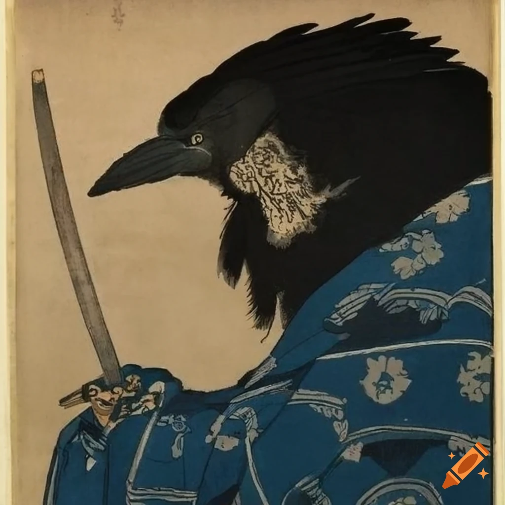 Ukiyo-e print of a man with a crow's head holding a sword