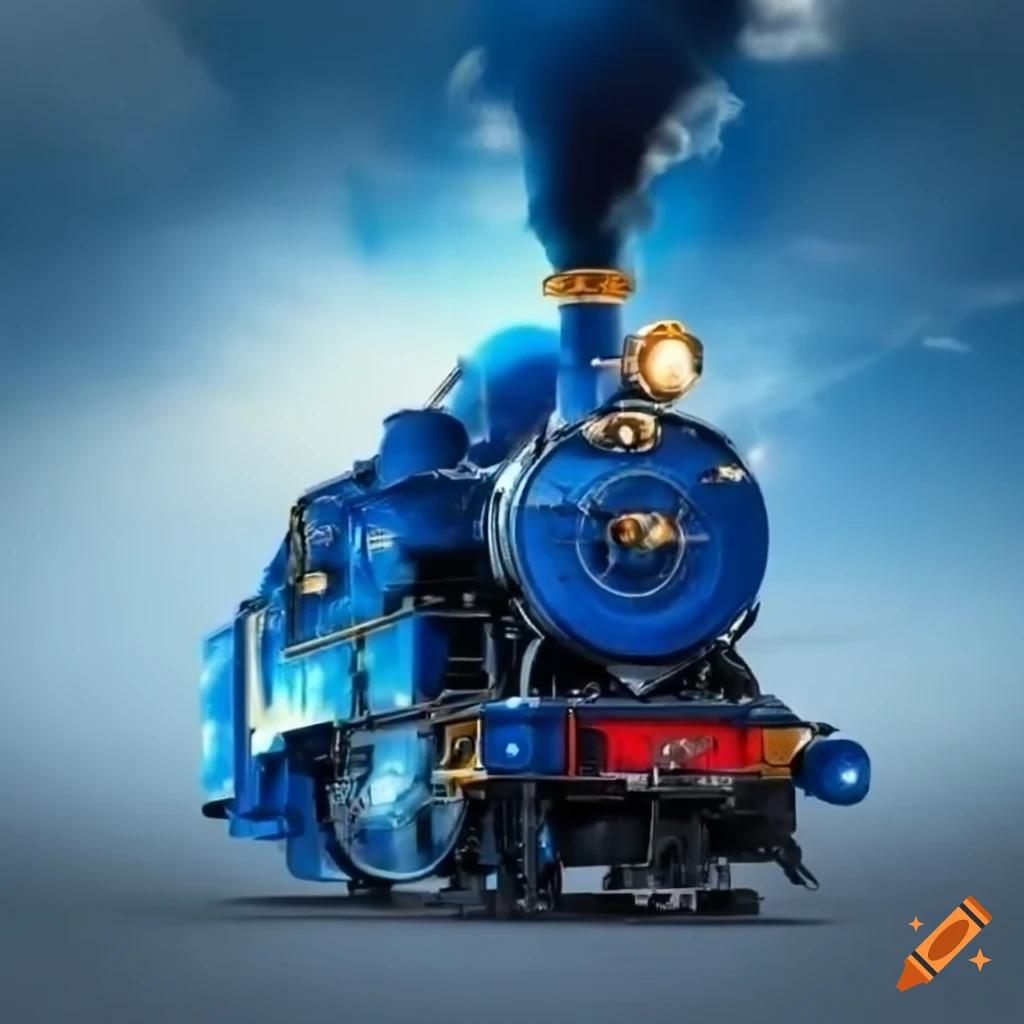 Luxury blue and gold realistic steam train in scotland on Craiyon