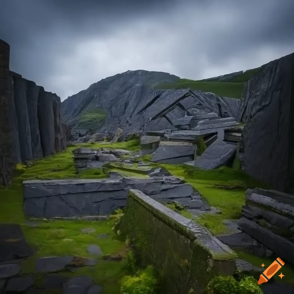 Black and white image of a deep slate quarry surrounded by forests on ...