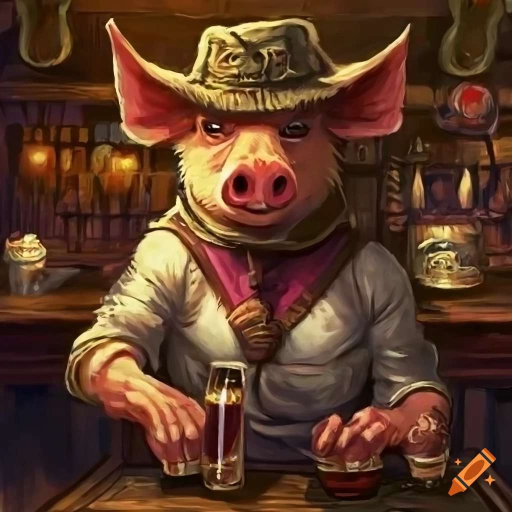 Pig hunter in a pub with cigar and beer on Craiyon