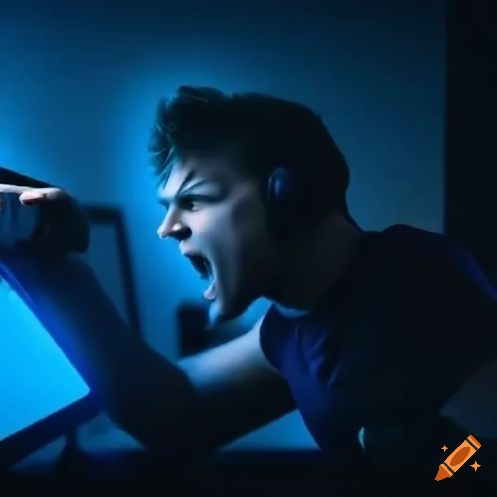 Meme of an angry gamer screaming at computer screen on Craiyon
