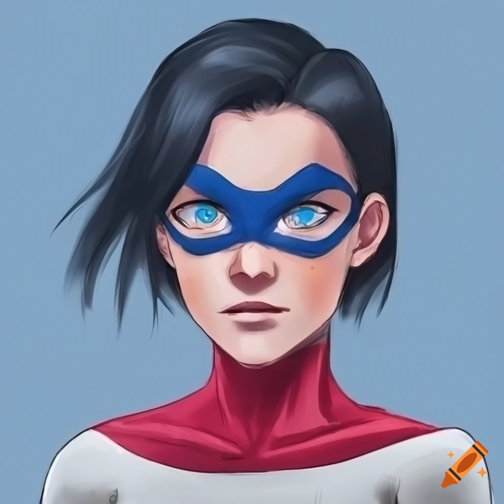 Drawing of a blue-eyed, black-haired teenage superhero with super speed