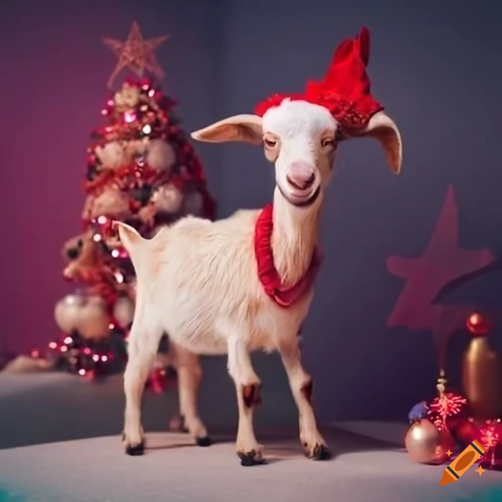 Festive goat with red hair and christmas trees