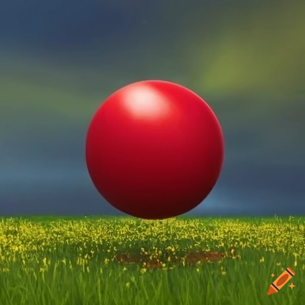Red sphere floating above a meadow